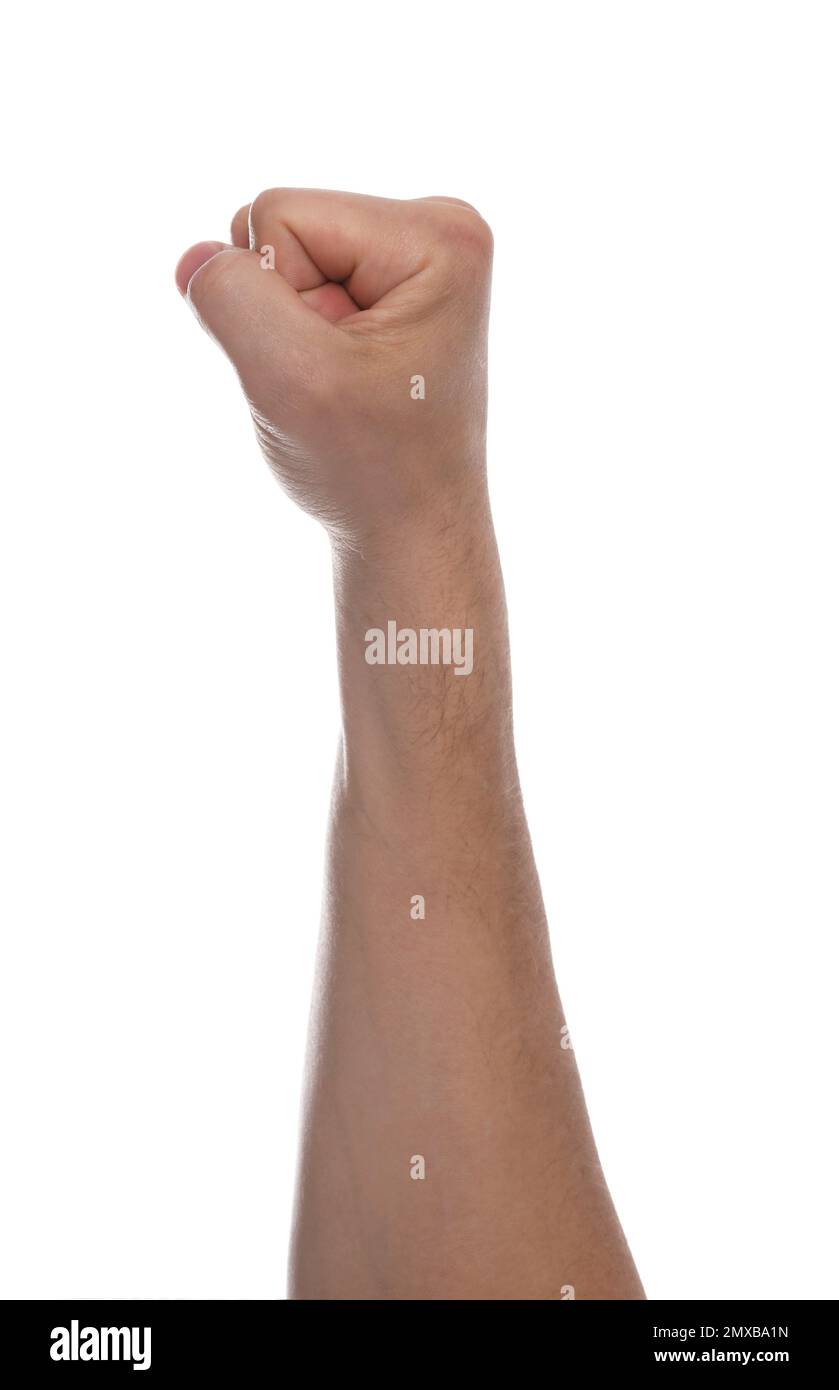 Man with raised fist against white background, closeup of hand Stock ...