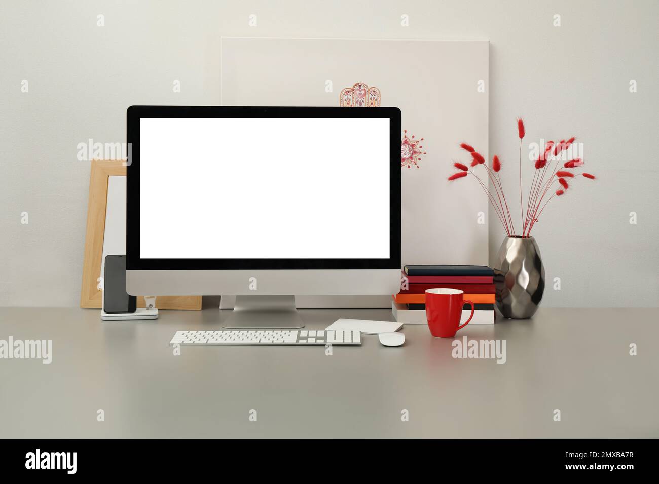 Modern workplace with computer and decor elements. Interior design ...