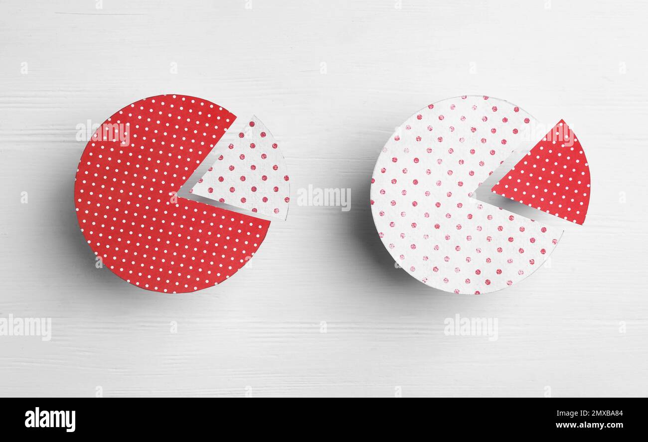 Circles with segments on white wooden background, flat lay. Pareto ...