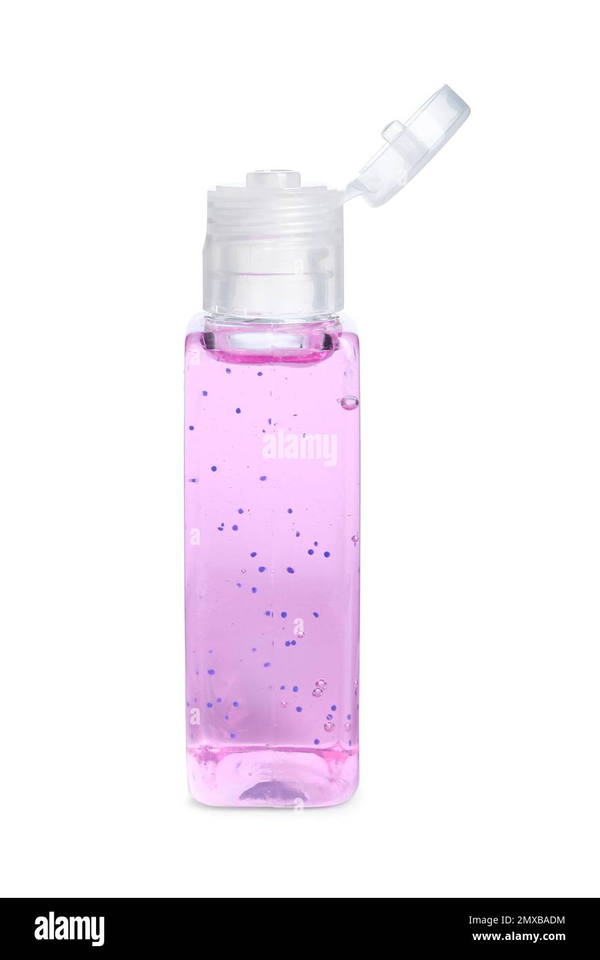 Bottle with pink antiseptic gel isolated on white Stock Photo - Alamy