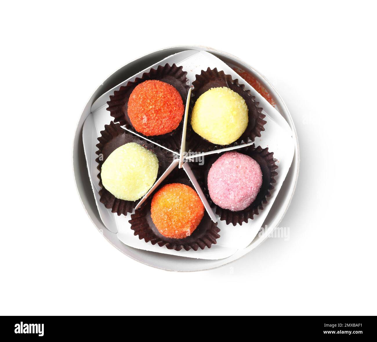 Box with tasty colorful chocolate candies isolated on white, top view ...