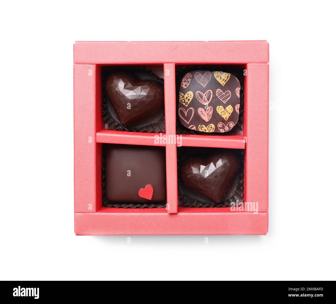 Box with tasty chocolate candies isolated on white, top view Stock ...