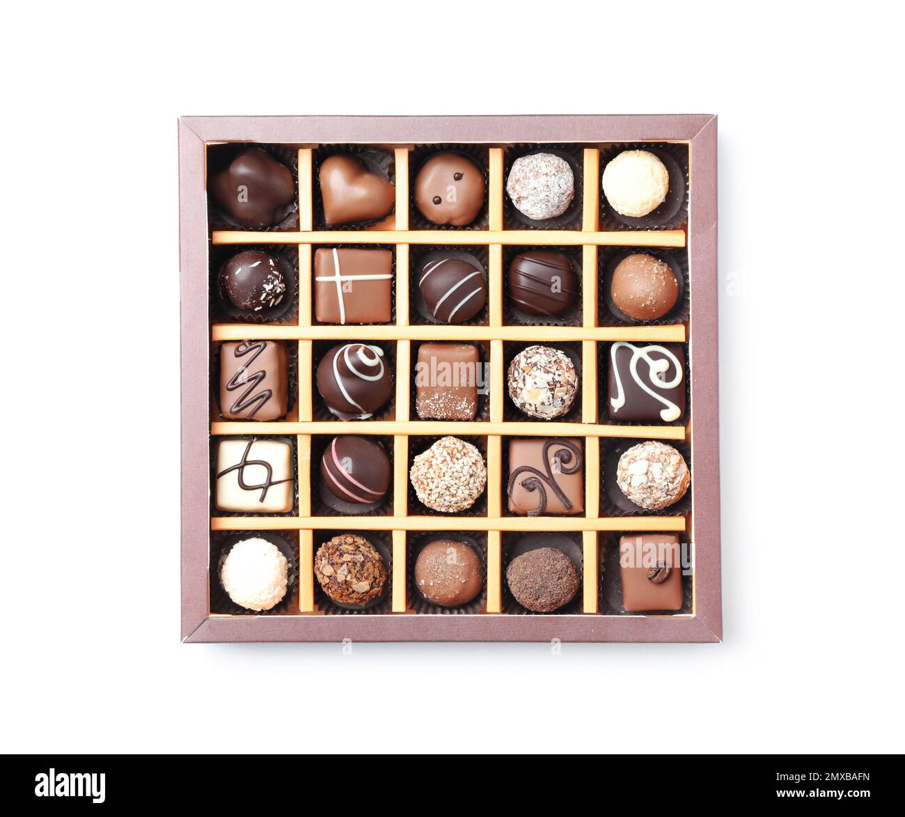 Box with tasty chocolate candies isolated on white, top view Stock ...