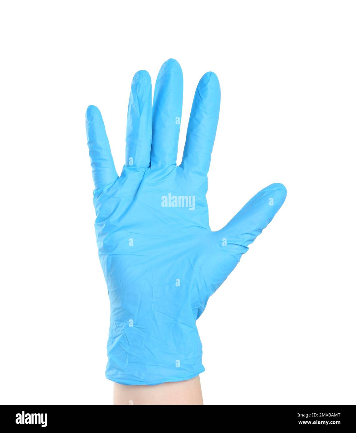 Woman in blue latex gloves on white background, closeup of hand Stock ...