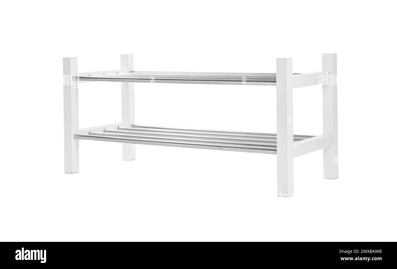 Empty wooden shoe shelf isolated on white Stock Photo - Alamy