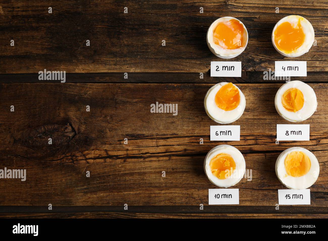 Different cooking time and readiness stages of boiled chicken eggs on ...