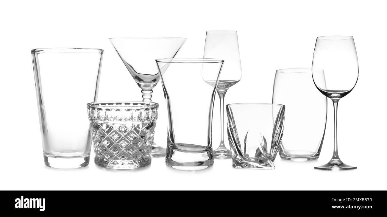 Set of empty glasses on white background. Banner design Stock Photo - Alamy