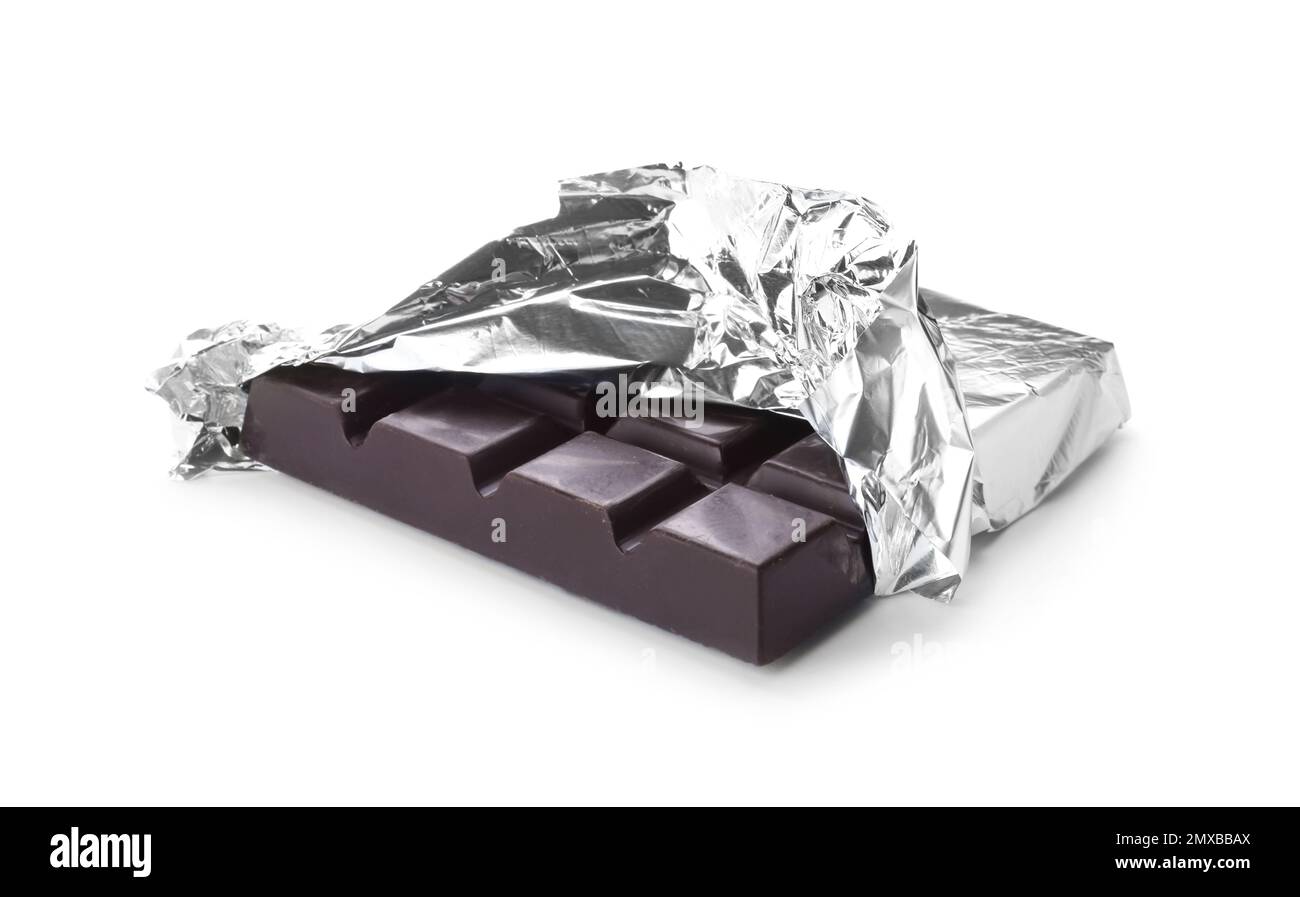 Delicious dark chocolate bar wrapped in foil isolated on white Stock ...