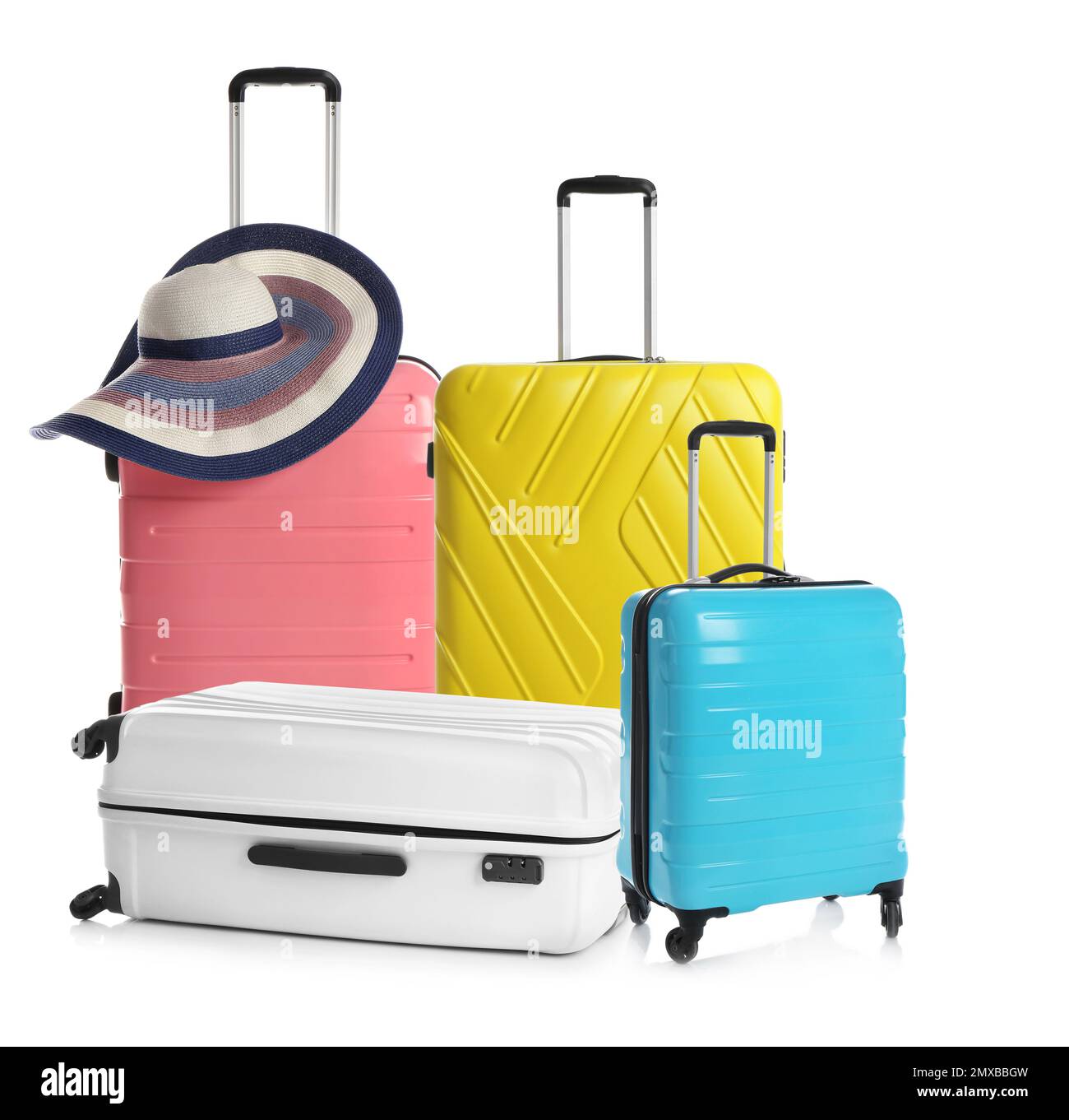 Set of different stylish suitcases for travelling on white background ...