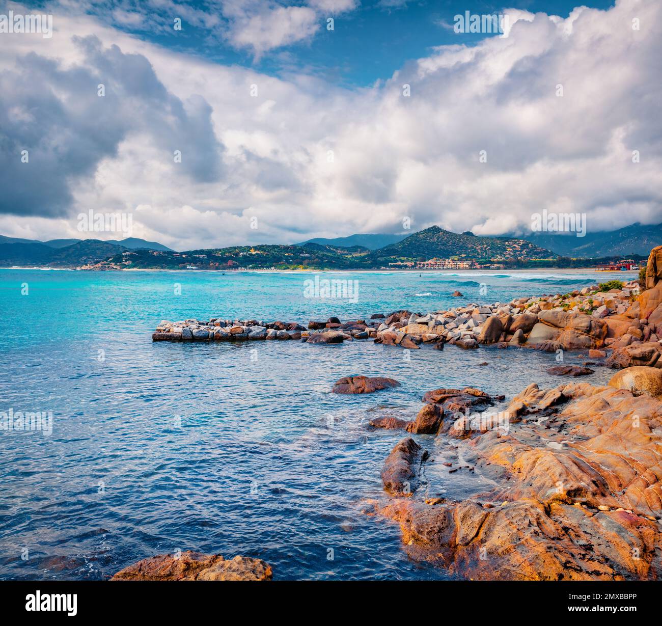 Aerial summer view of Carbonara cape. Picturesque morning scene of ...