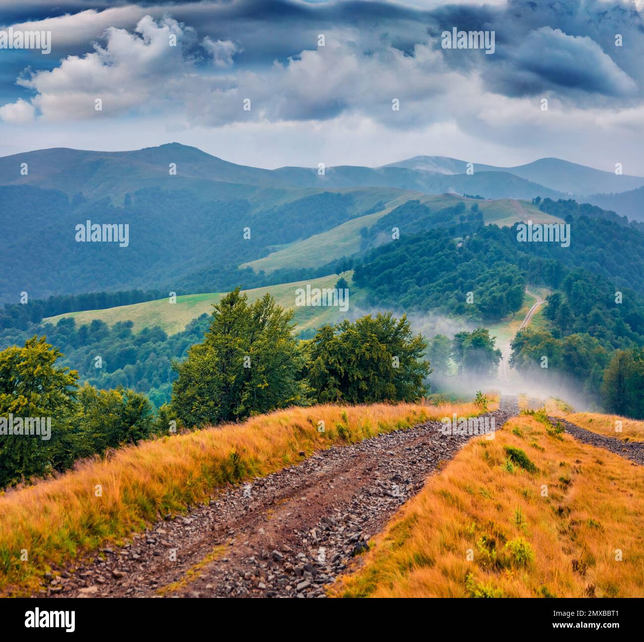 Dramatic summer scenery. Foggy summer scene of Krasna range with old ...