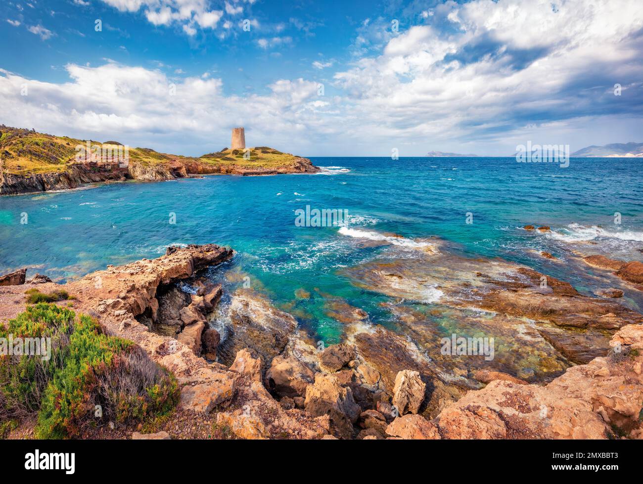 Beautiful marine scenery. Splendid morning view of Piscinni bay with ...