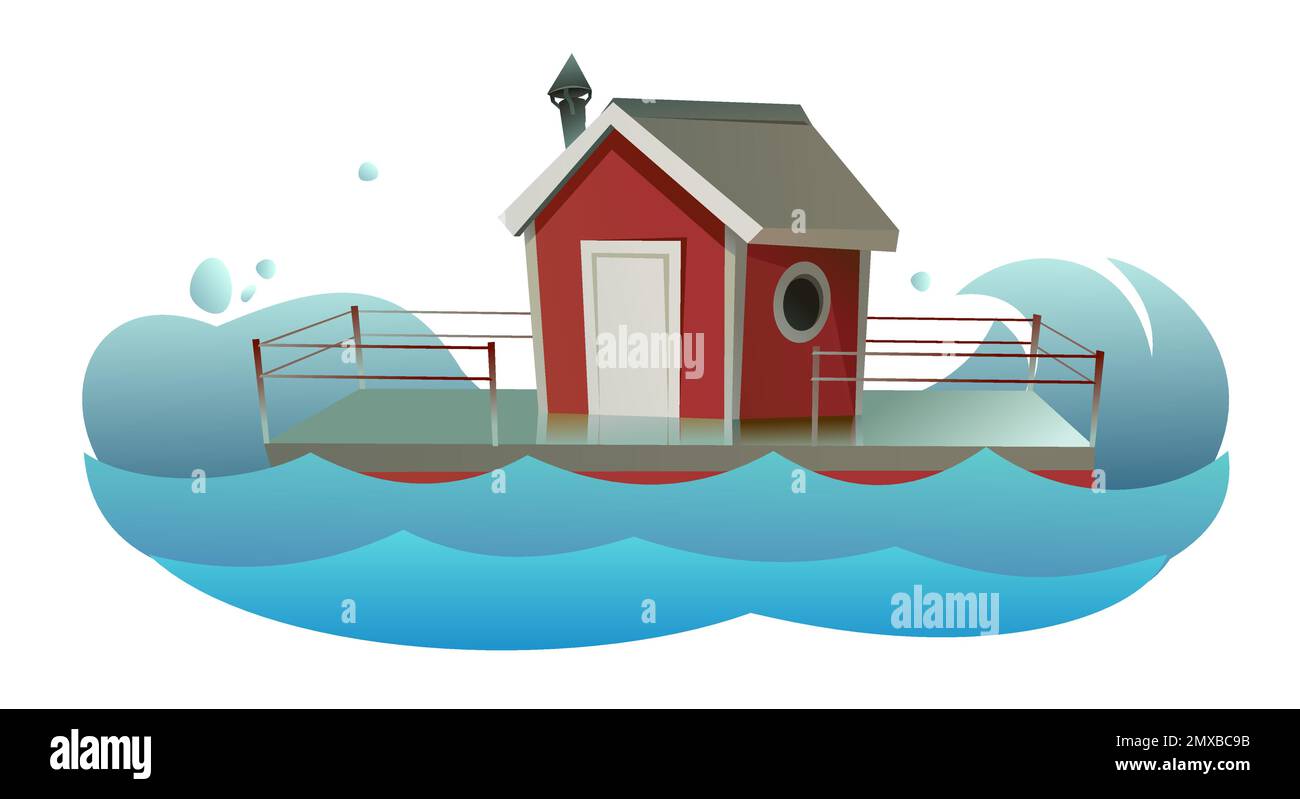 Floating house. On waves. Dwelling with small courtyard on water ...