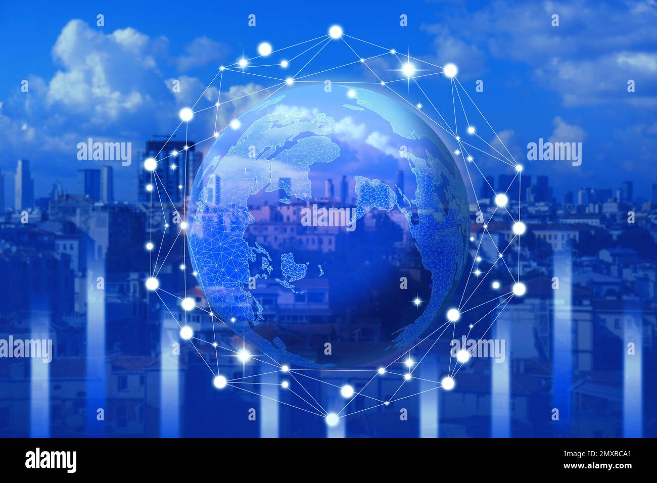 Futuristic communication technology concept. World globe with network ...