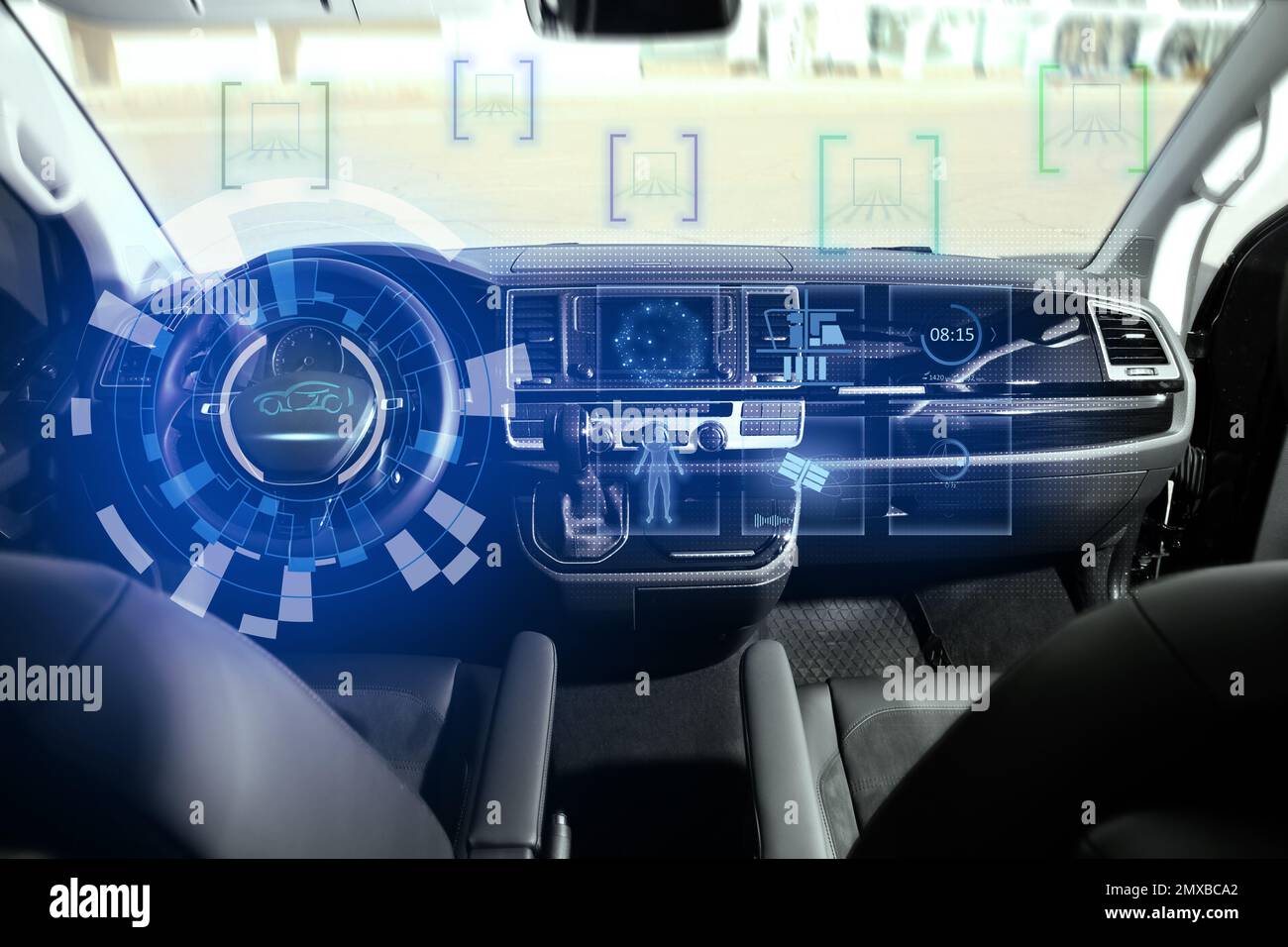 Futuristic technology. Car interior with graphical user interface Stock ...
