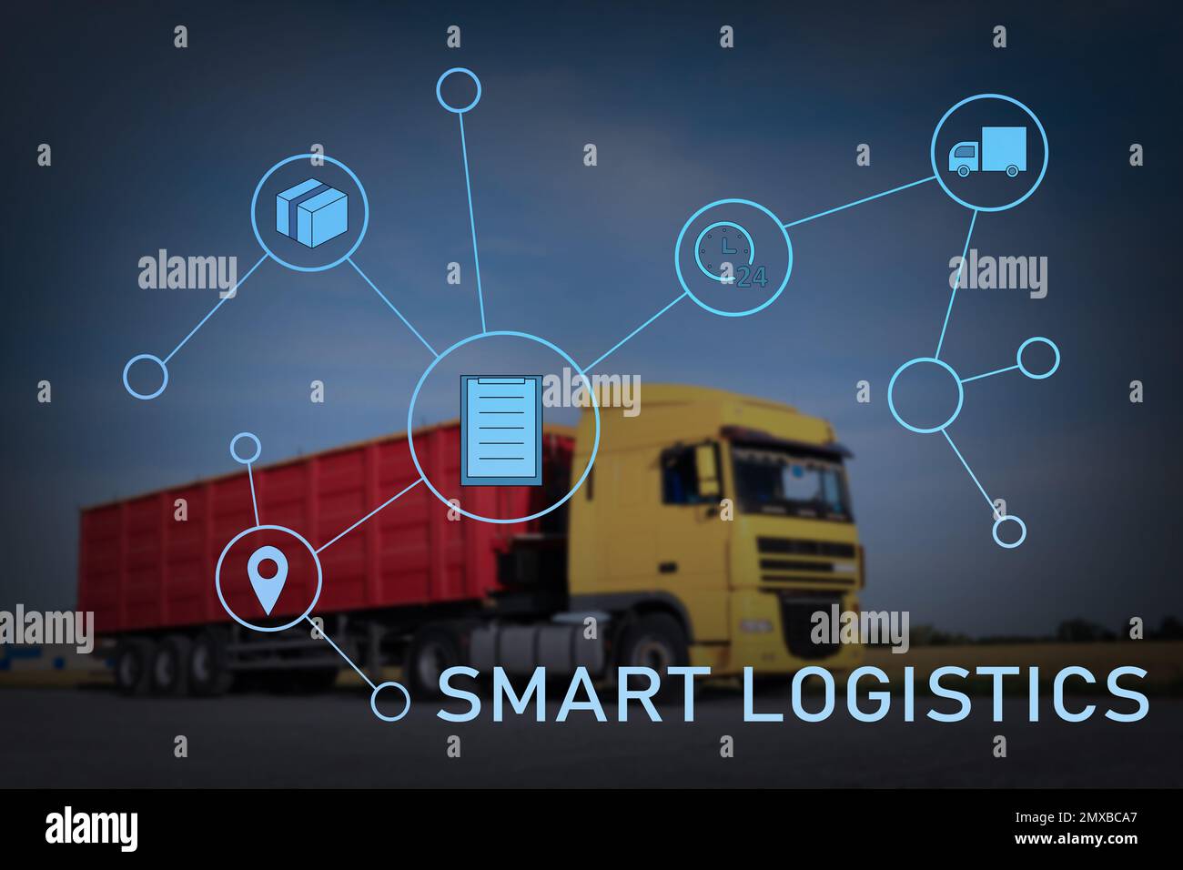 Smart logistics concept. Truck on country road and scheme with icons ...
