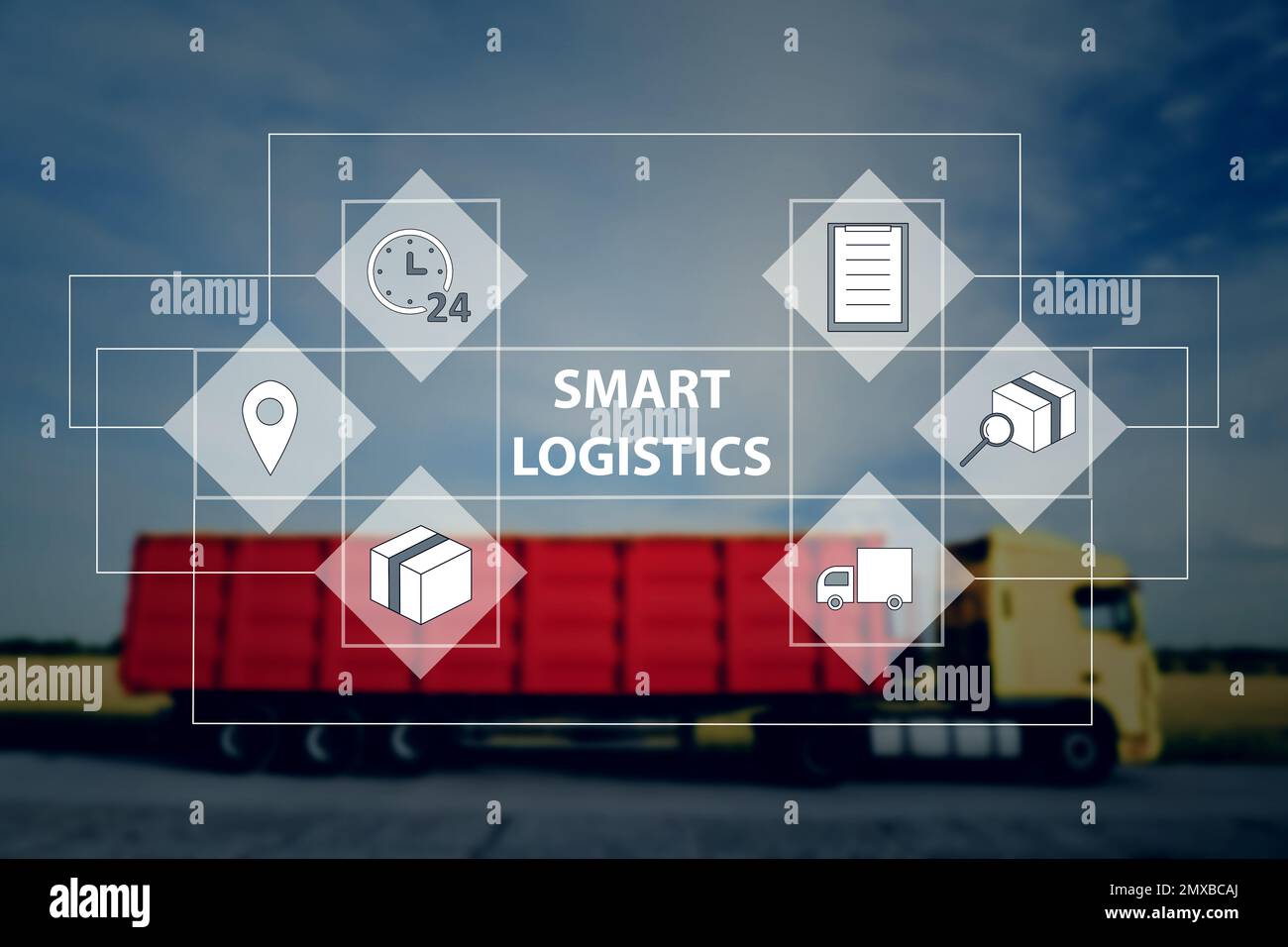 Smart logistics concept. Truck on country road and scheme with icons ...