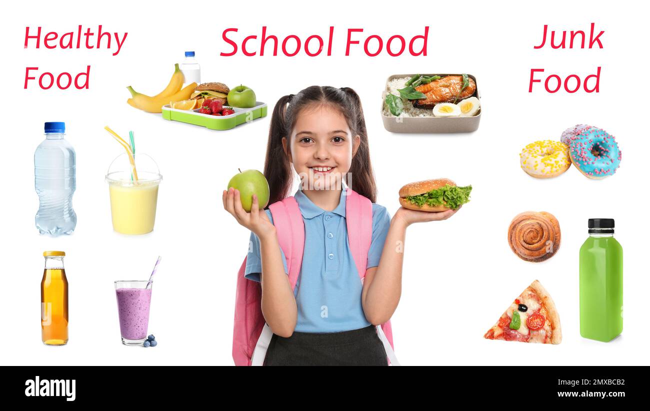 Schoolgirl and different products as variants for lunch. Healthy and ...