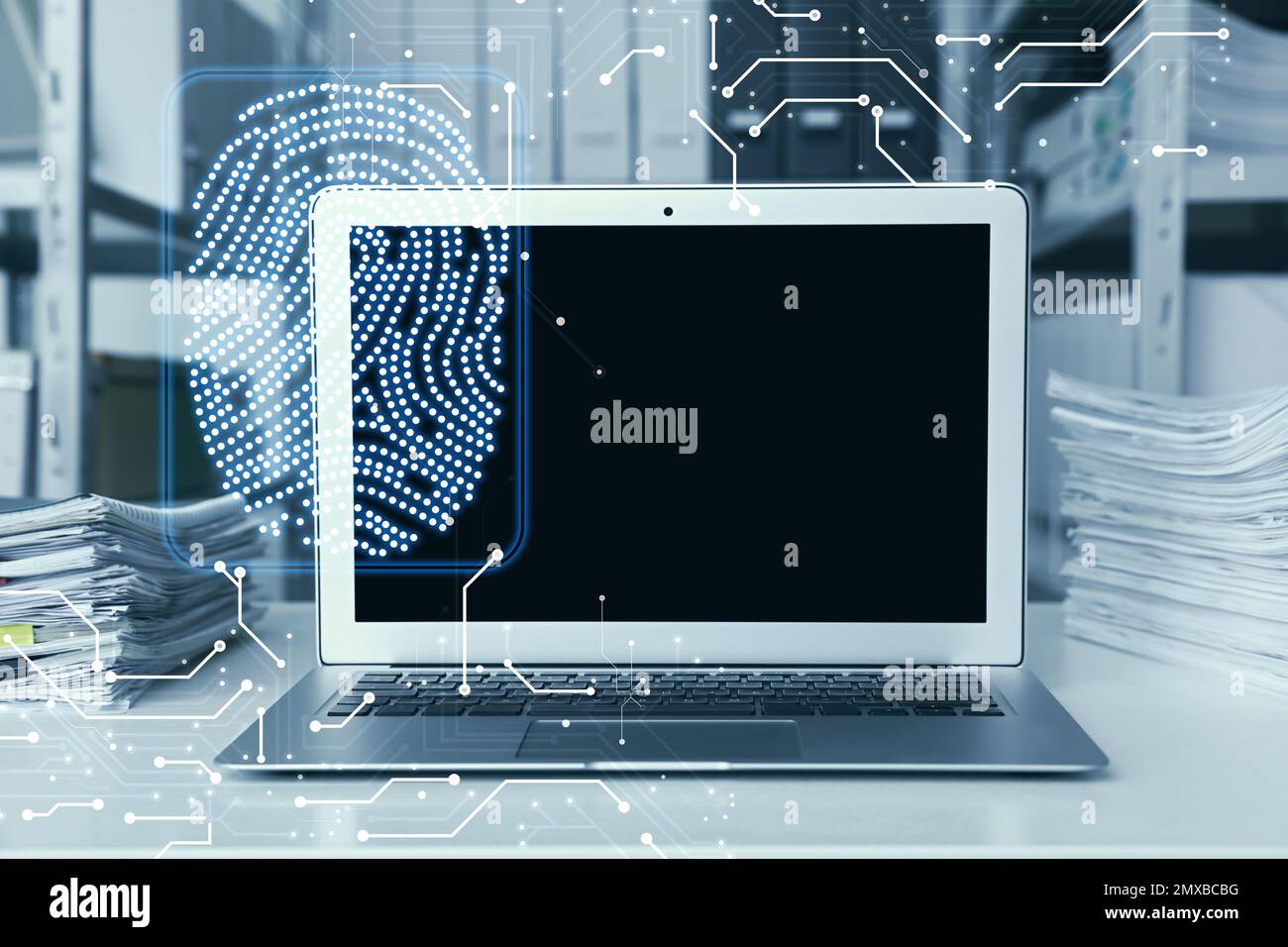 Fingerprint identification. Modern laptop on table indoors Stock Photo ...