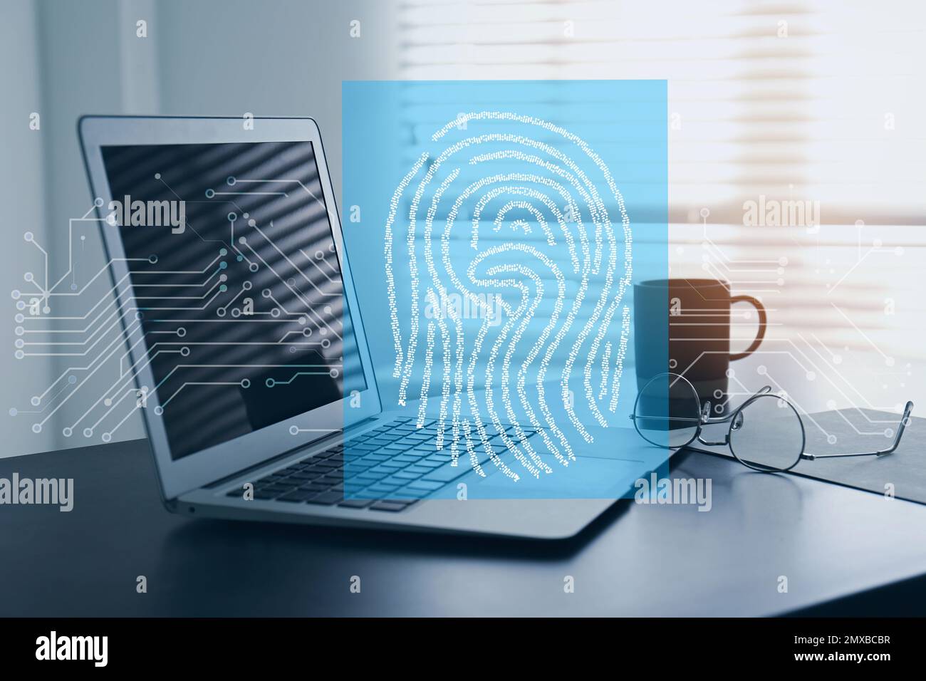 Fingerprint identification. Modern laptop on table indoors Stock Photo ...