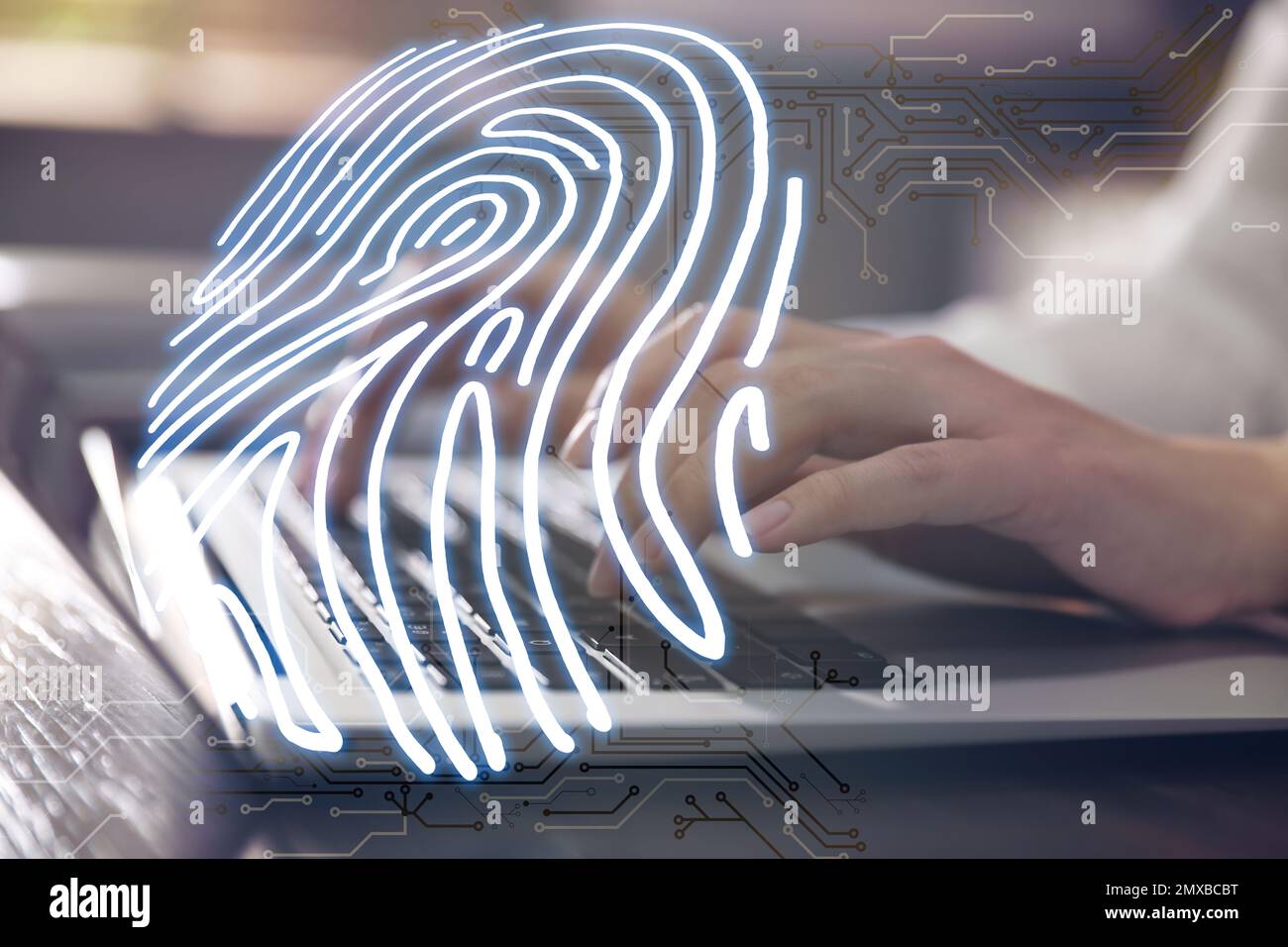 Fingerprint identification. Woman working with laptop at table, closeup ...