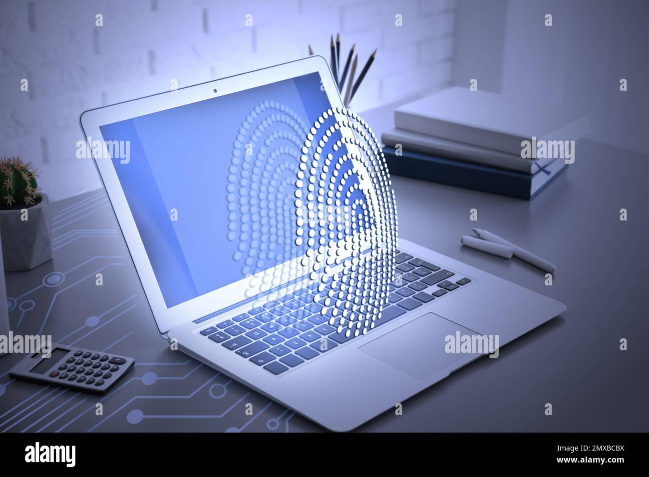 Fingerprint identification. Modern laptop on table indoors Stock Photo ...
