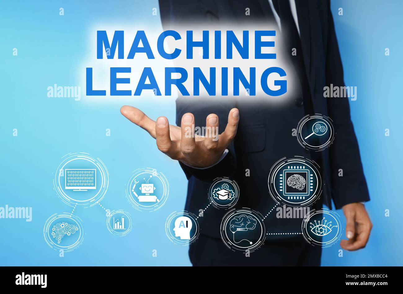 Man demonstrating machine learning model with linked icons on blue ...