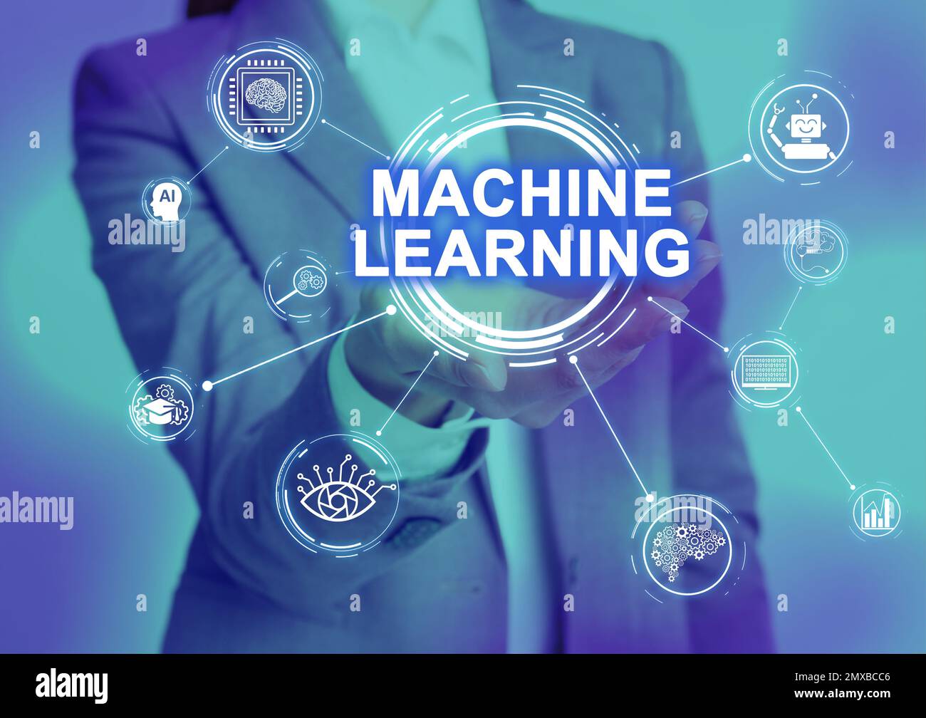 Woman demonstrating machine learning model with linked icons, closeup ...