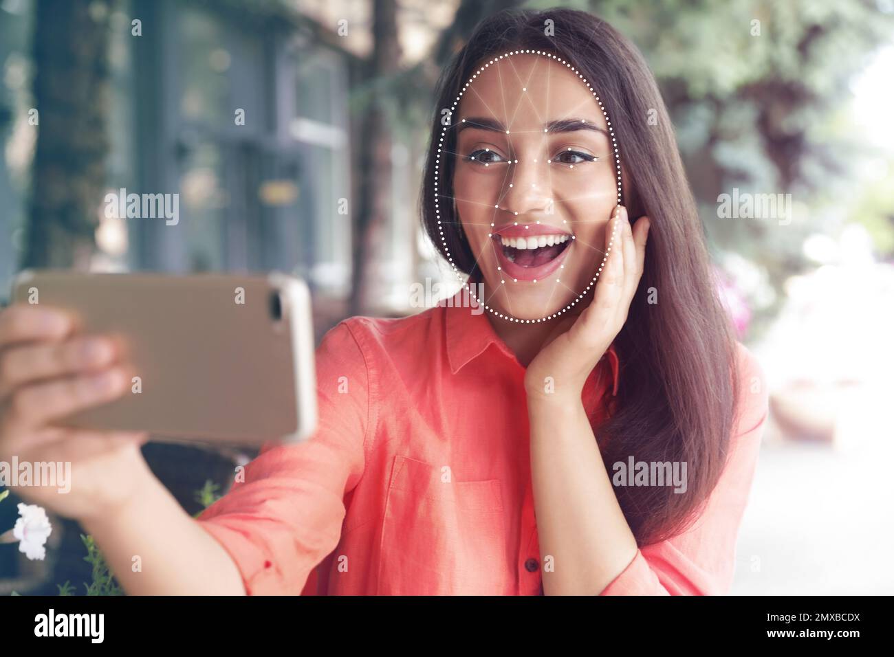 Facial recognition system. Woman with digital biometric grid, outdoors ...