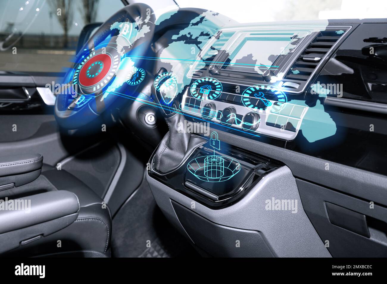 Futuristic technology. Car interior with graphical user interface Stock ...