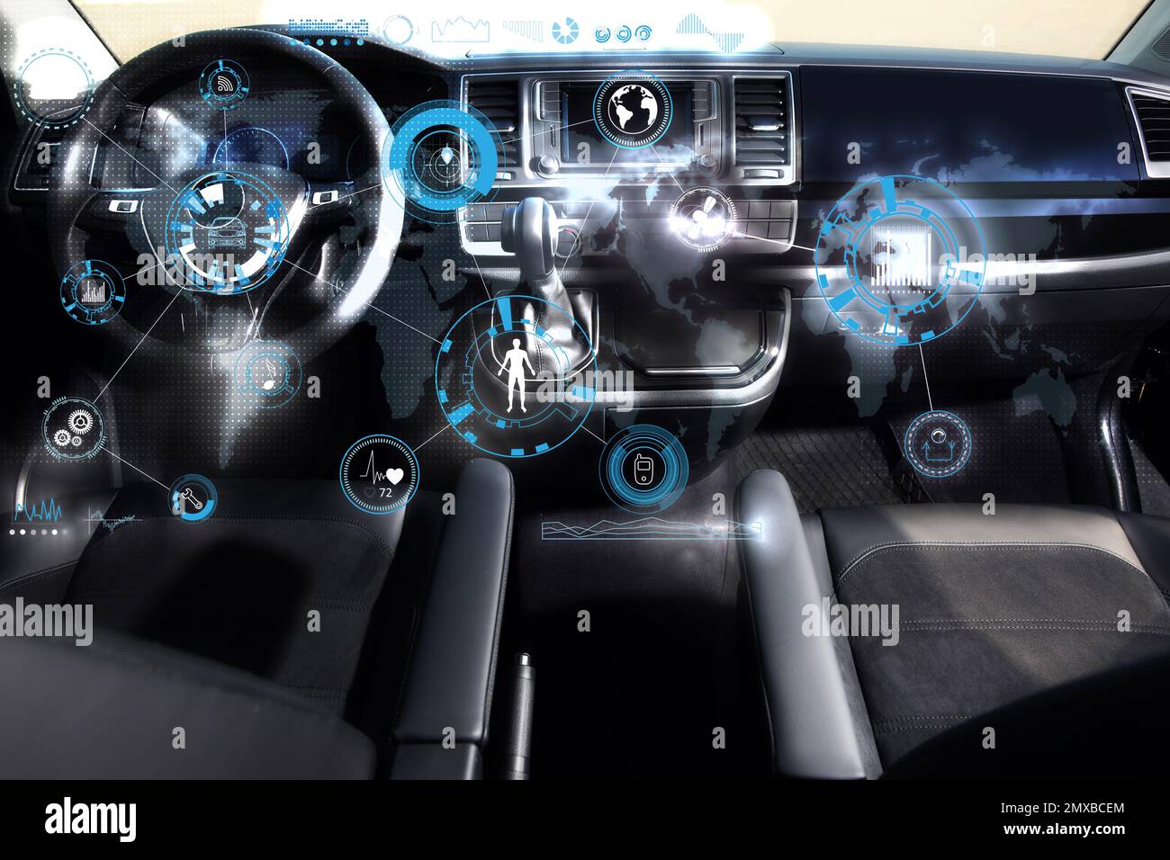 Futuristic technology. Car interior with graphical user interface Stock ...