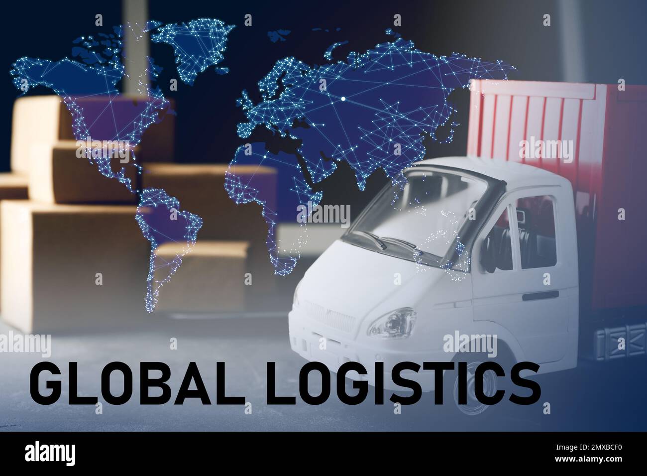 Global logistics concept. Truck with boxes and world map Stock Photo ...