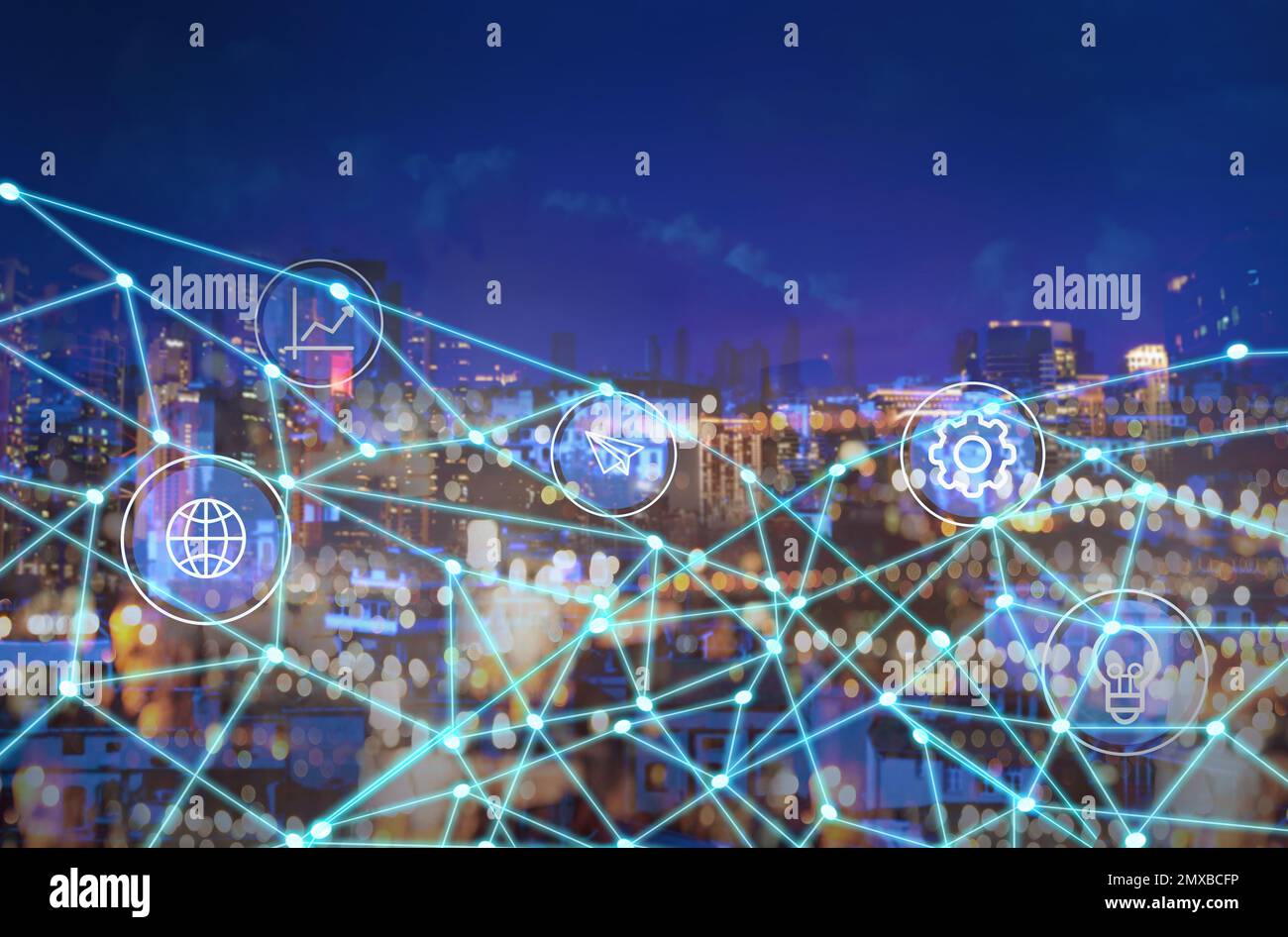 Beautiful cityscape and network connection lines Stock Photo - Alamy