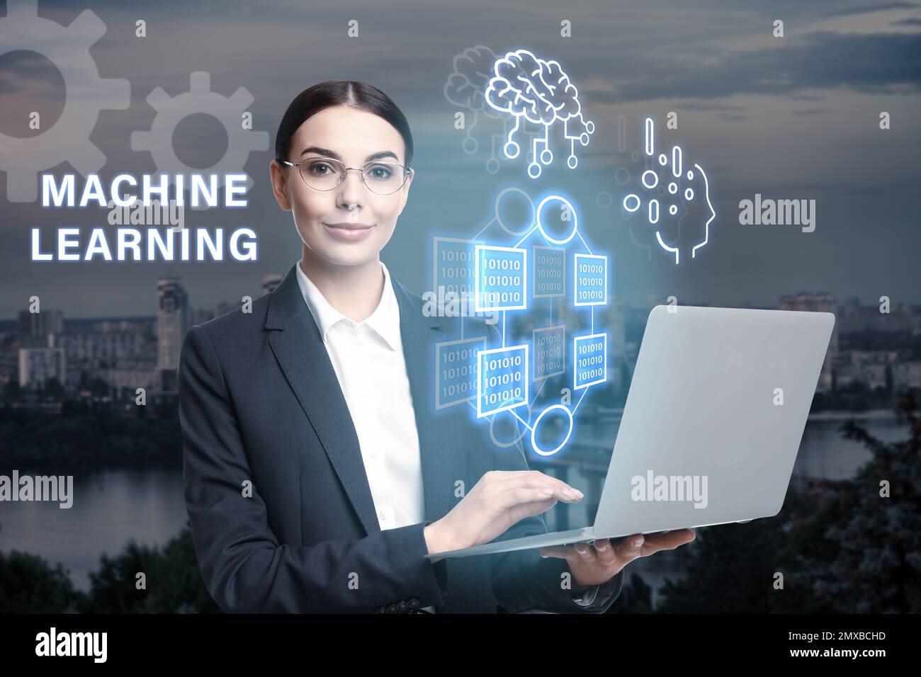 Woman using laptop with linked icons and cityscape on background ...