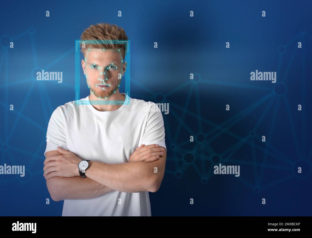 Facial recognition system. Young man with scanner frame and digital ...