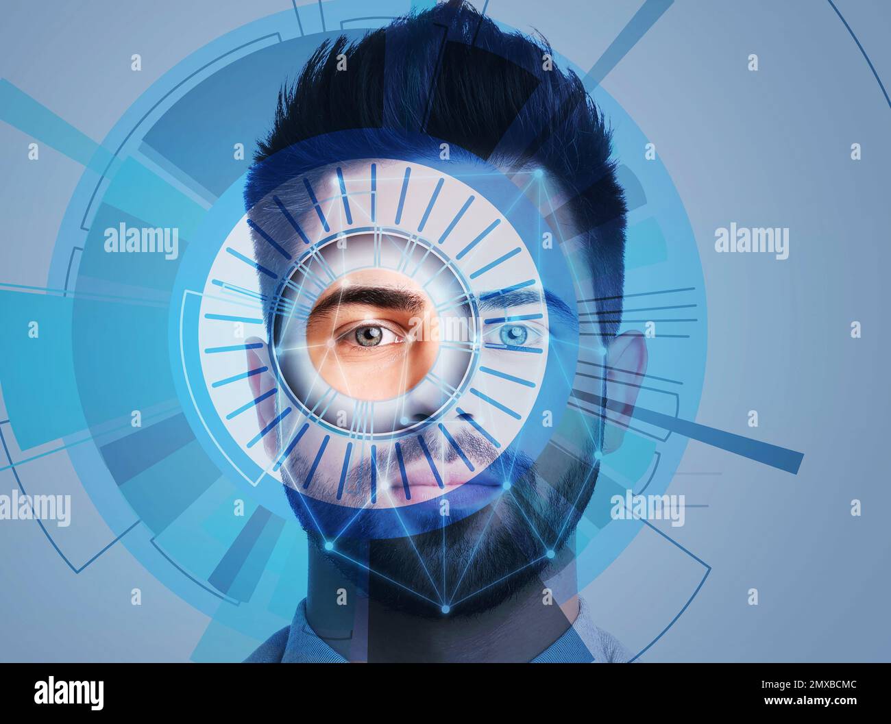 Facial recognition system. Young man scanned by iris and digital ...