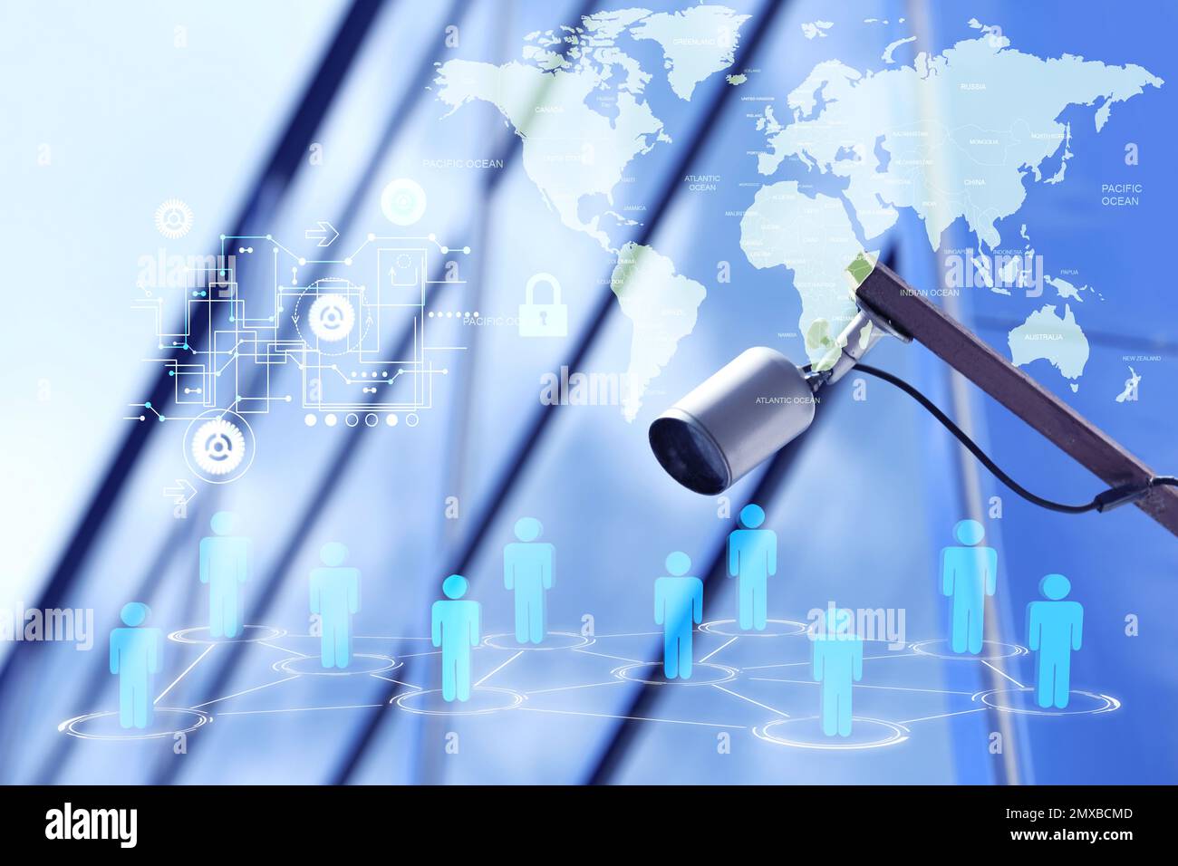 Modern CCTV security camera on building wall outdoors and digital ...