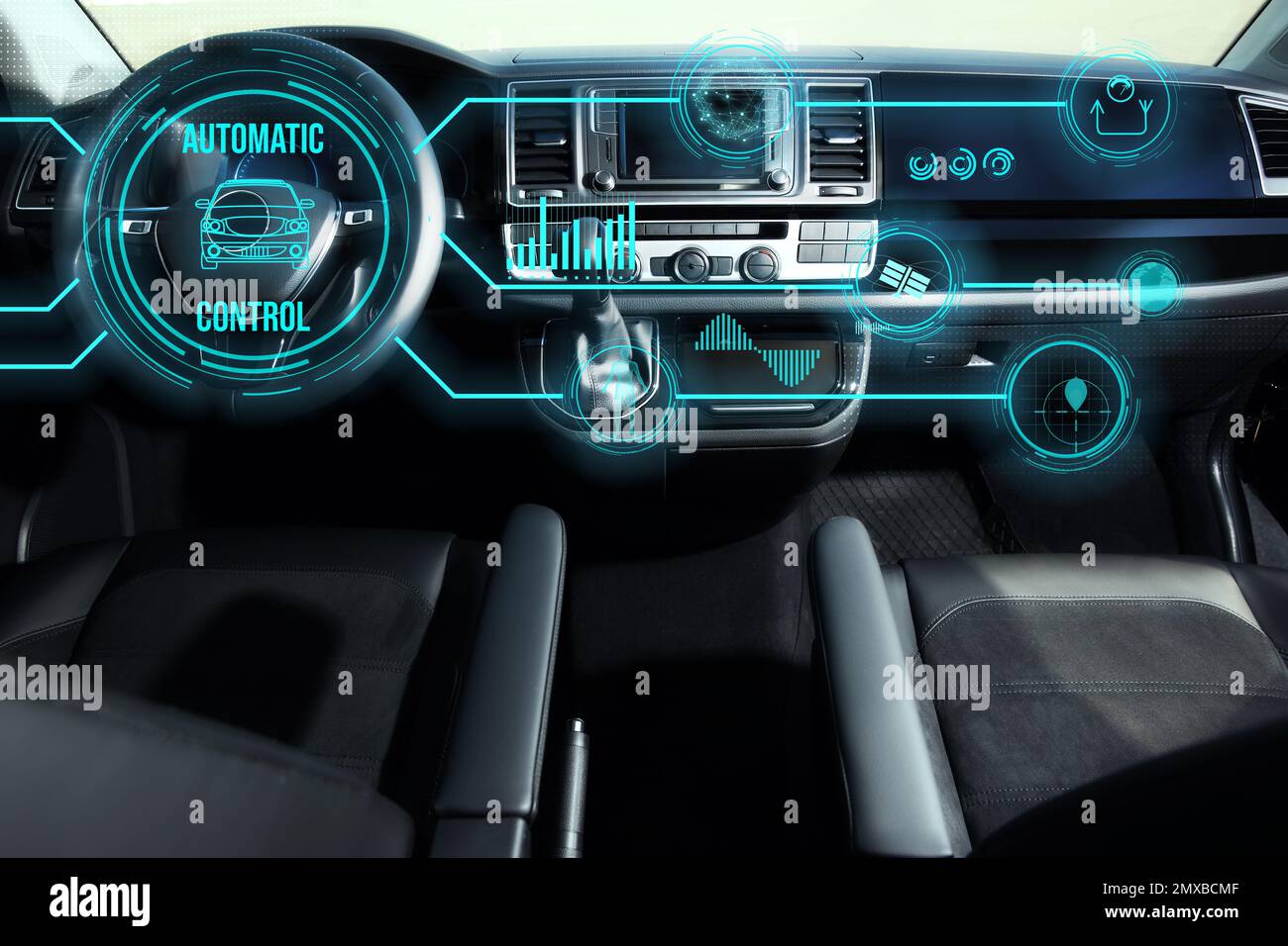 Futuristic technology. Car interior with graphical user interface Stock ...