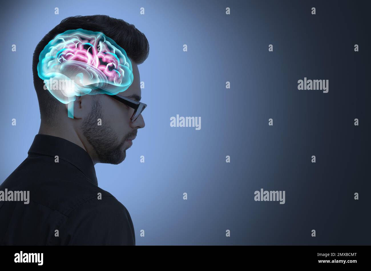 Thinking concept, space for text. Young man and illustrated brain on ...