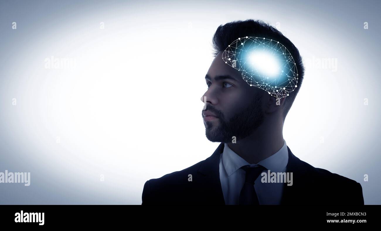 Thinking concept, space for text. Young man and illustrated brain on ...