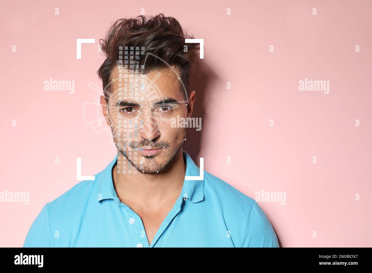 Facial recognition system. Young man with scanner frame and digital ...