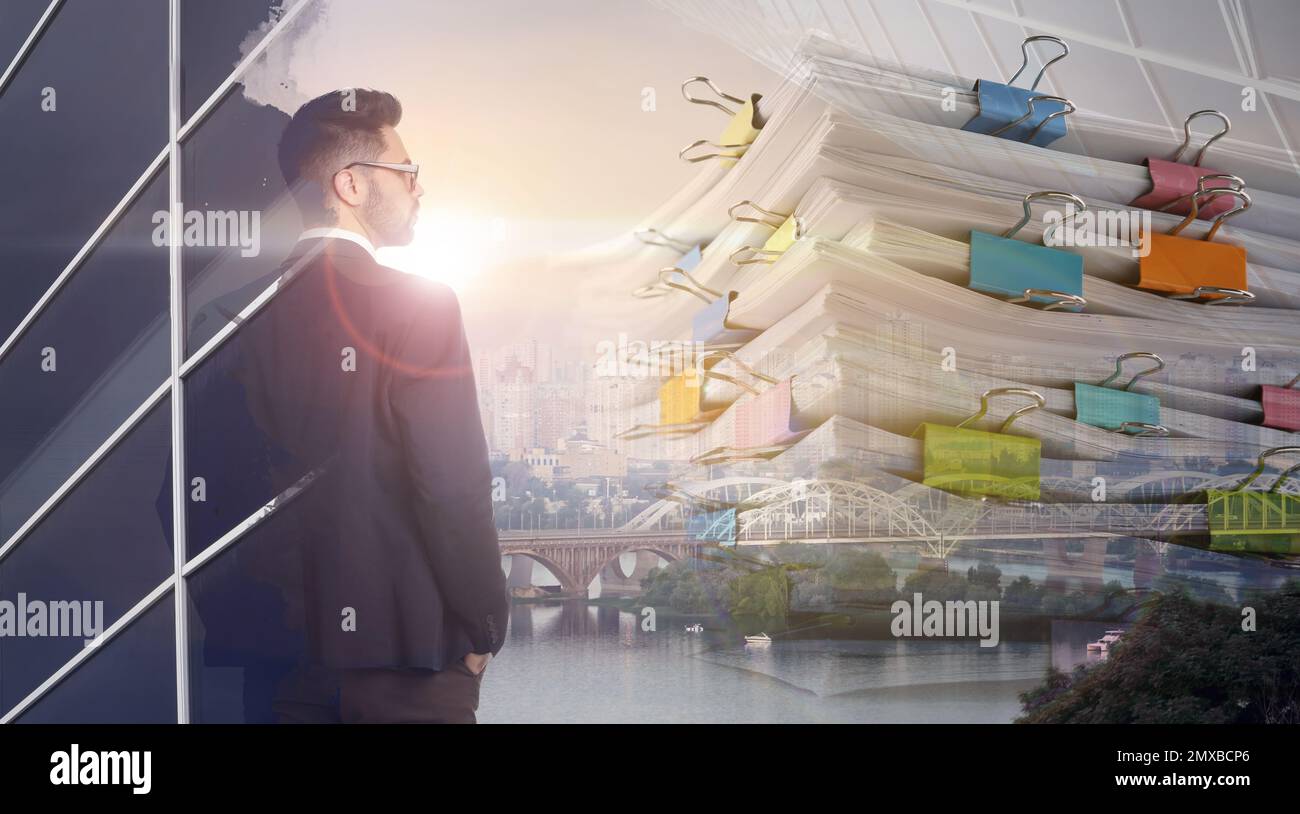 Multiple exposure of businessman, documents and cityscape. Banner ...