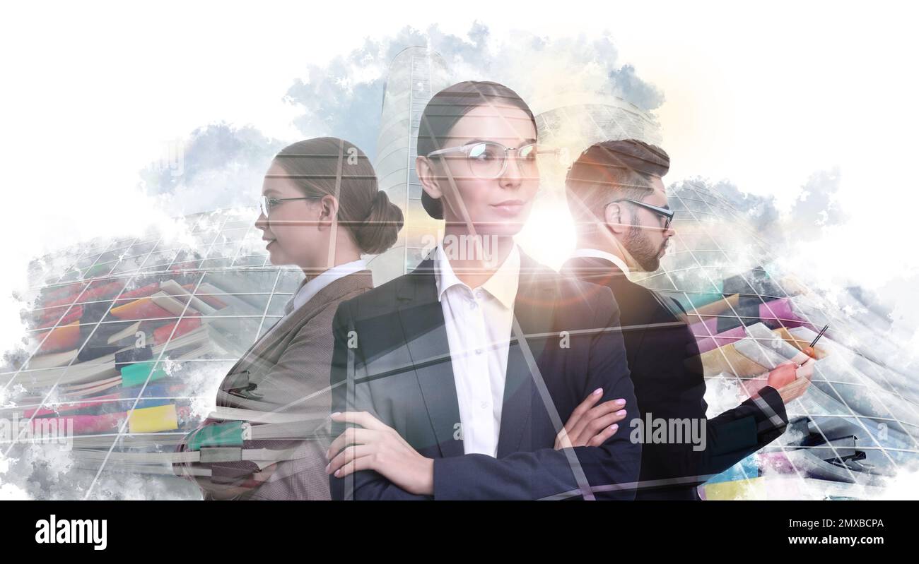 Multiple exposure of business people, documents and cityscape. Banner ...