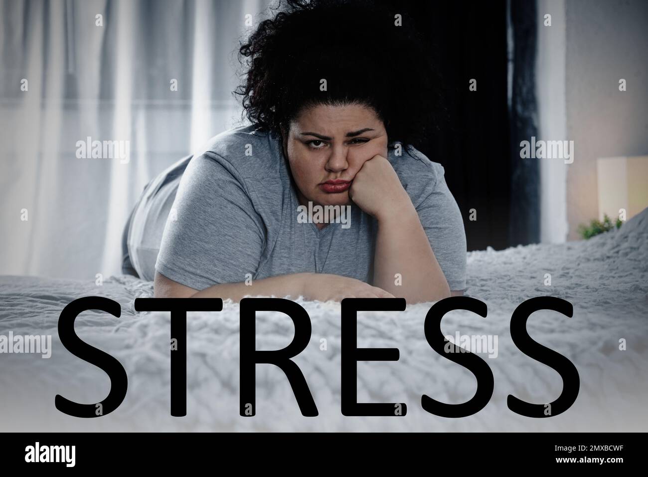 Word STRESS and overweight woman suffering from depression at home ...