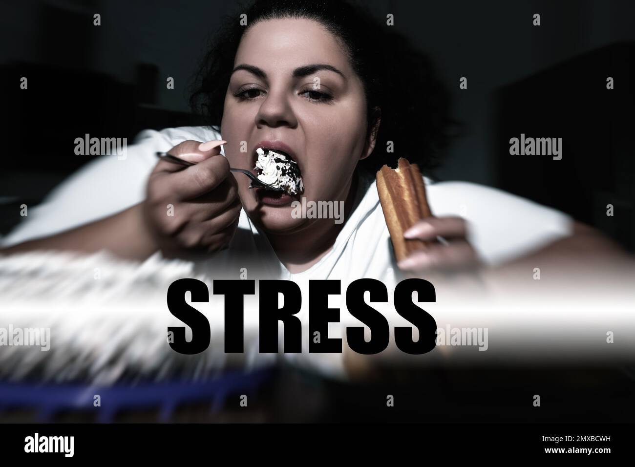 Depressed overweight woman eating sweets at home and word STRESS Stock ...