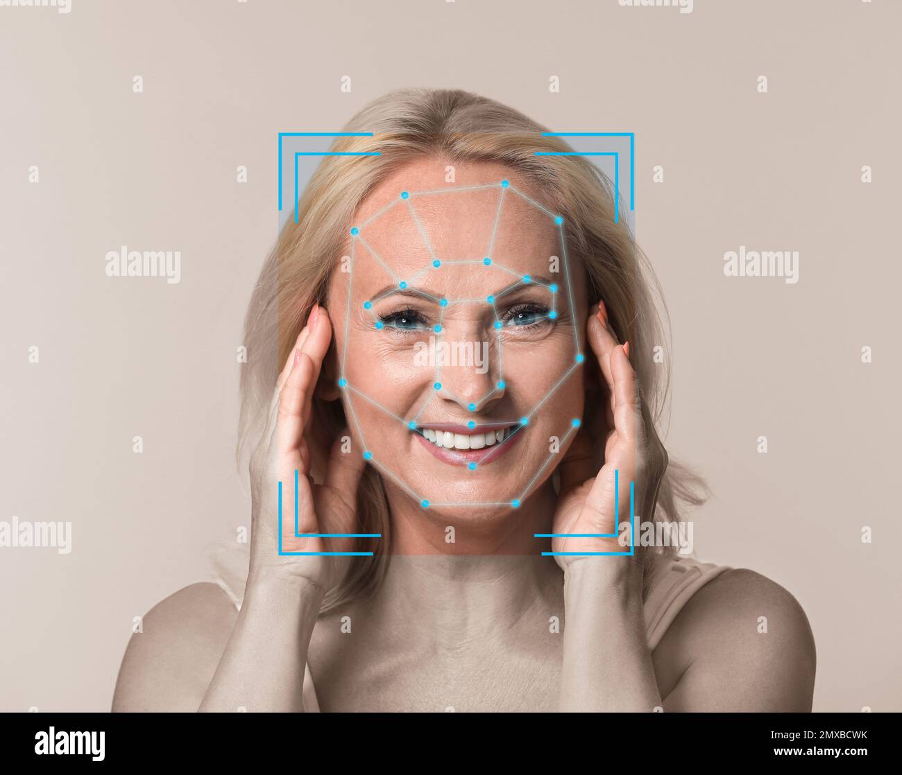 Facial Recognition System Mature Woman With Scanner Frame And Digital