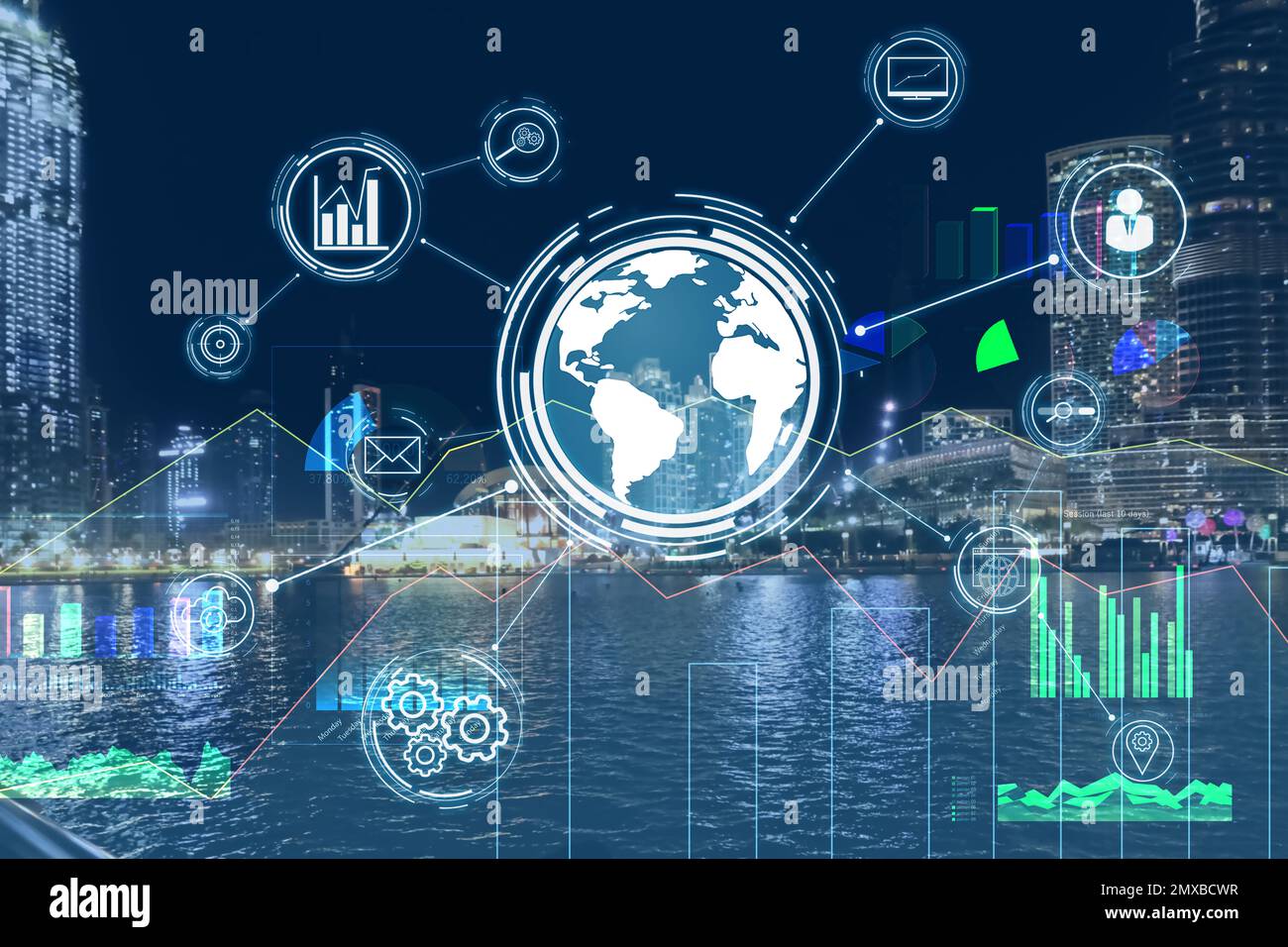 Global business concept. Icons, world globe and charts on city ...
