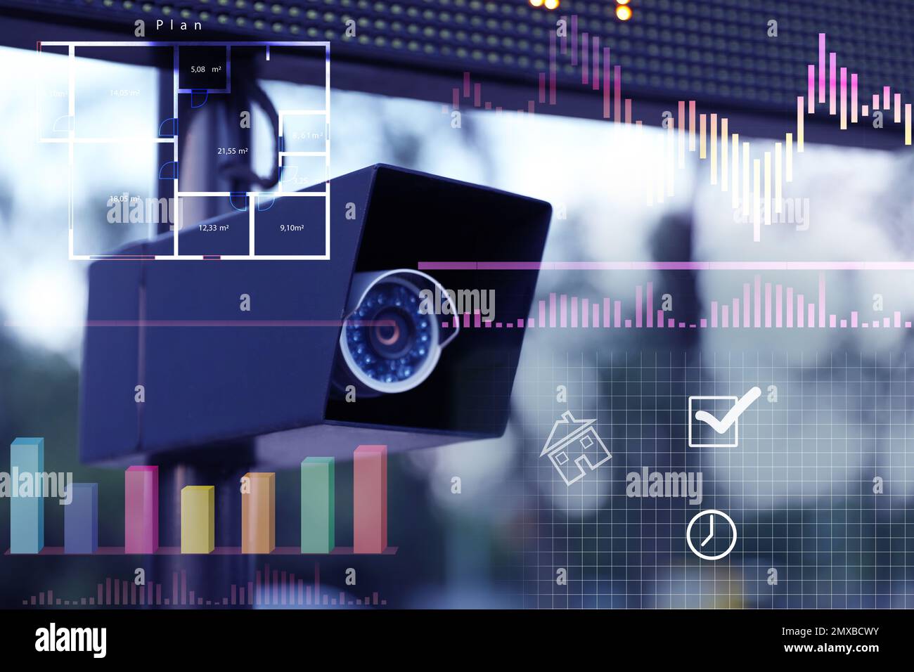 Modern CCTV security camera on street and digital graphics Stock Photo ...