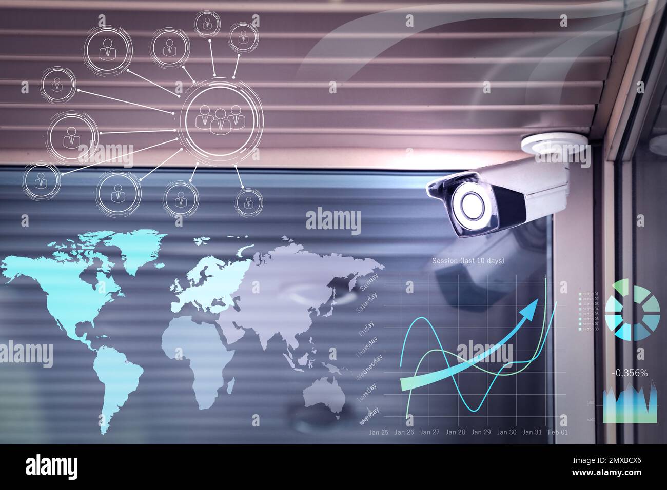 Modern CCTV security camera on building wall outdoors and digital world ...