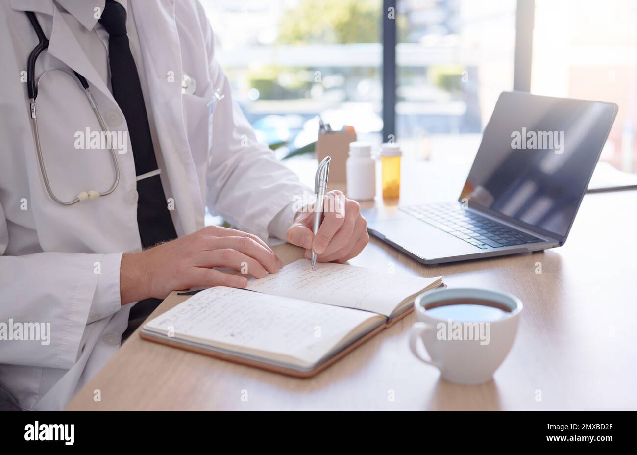 Writing notes, healthcare and doctor hands for medicine research ...